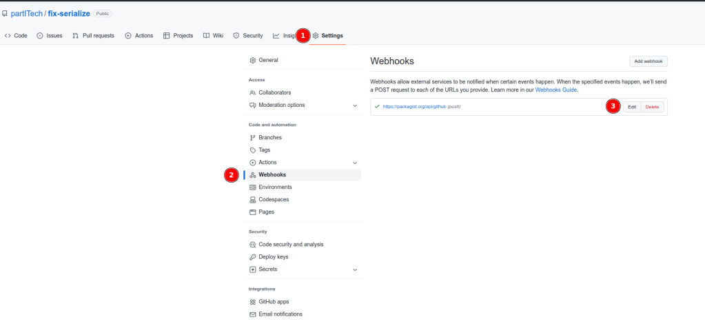 Change the Secret by pasting your Packagist API key.